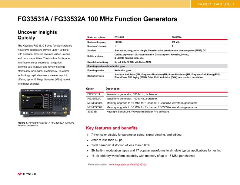 FG33531A/FG33532A 100 MHz Function Generators PDF Asset Page | Keysight